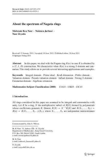 (PDF) About the spectrum of Nagata rings