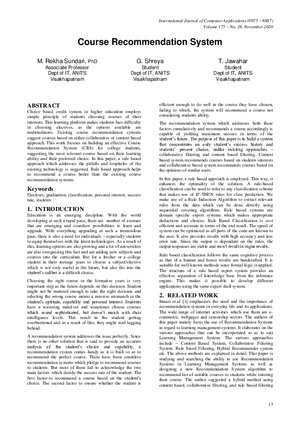 (PDF) Course Recommendation System