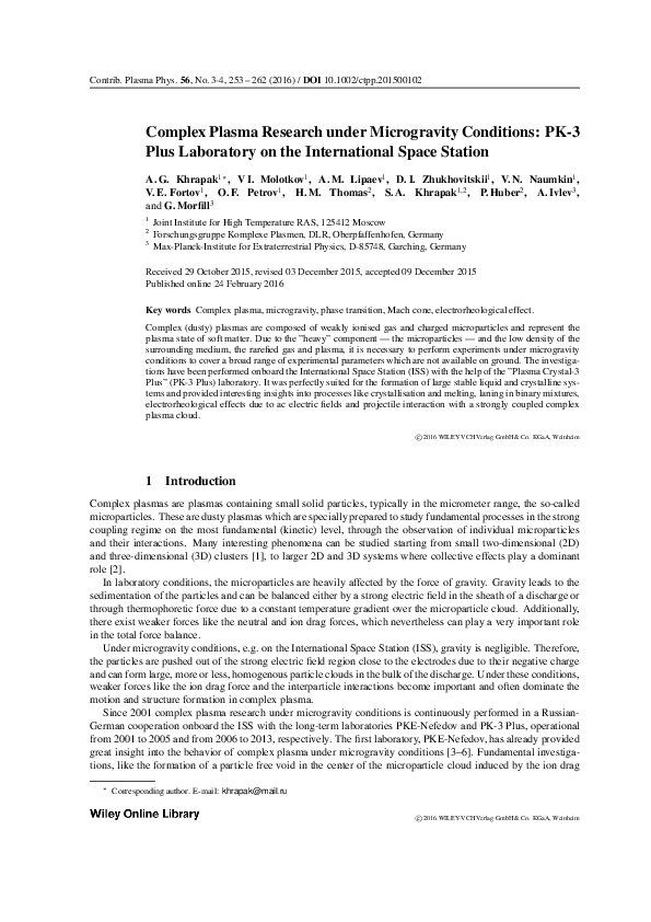 (PDF) Complex Plasma Research under Microgravity Conditions: PK-3 Plus ...