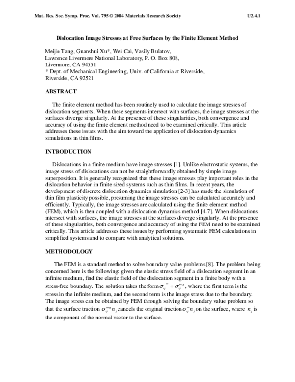 Pdf Dislocation Image Stresses At Free Surfaces By The Finite Element Method