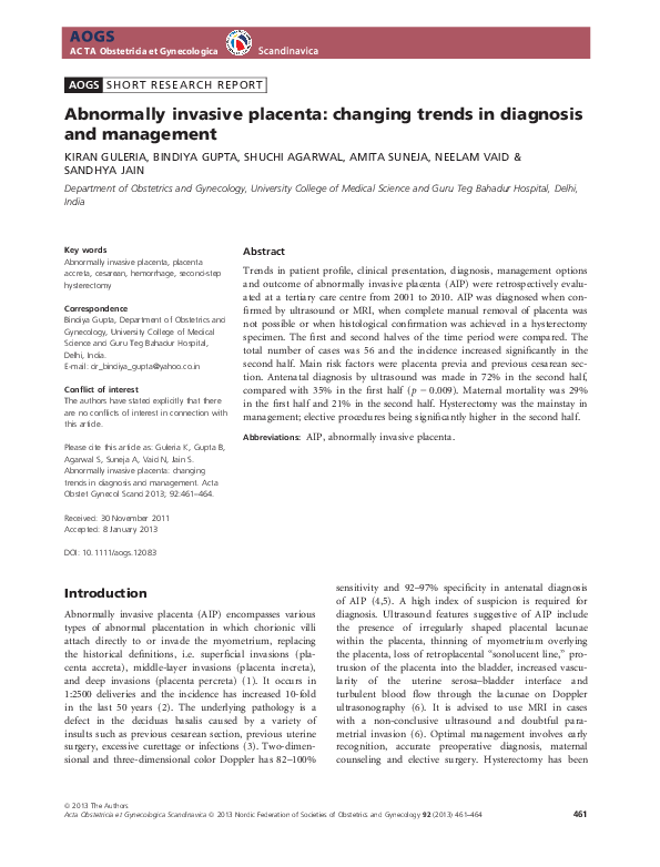 (PDF) Abnormally invasive placenta: changing trends in diagnosis and ...