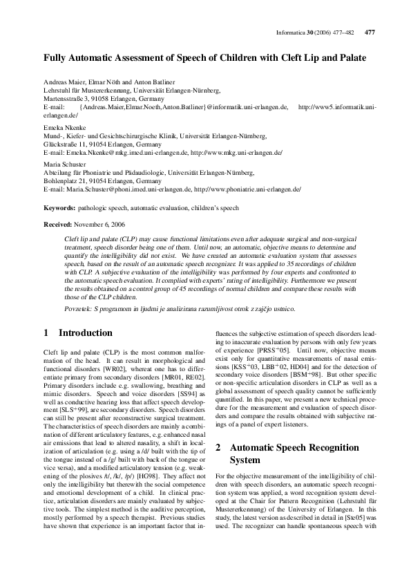(PDF) Fully automatic assessment of speech of children with cleft lip ...