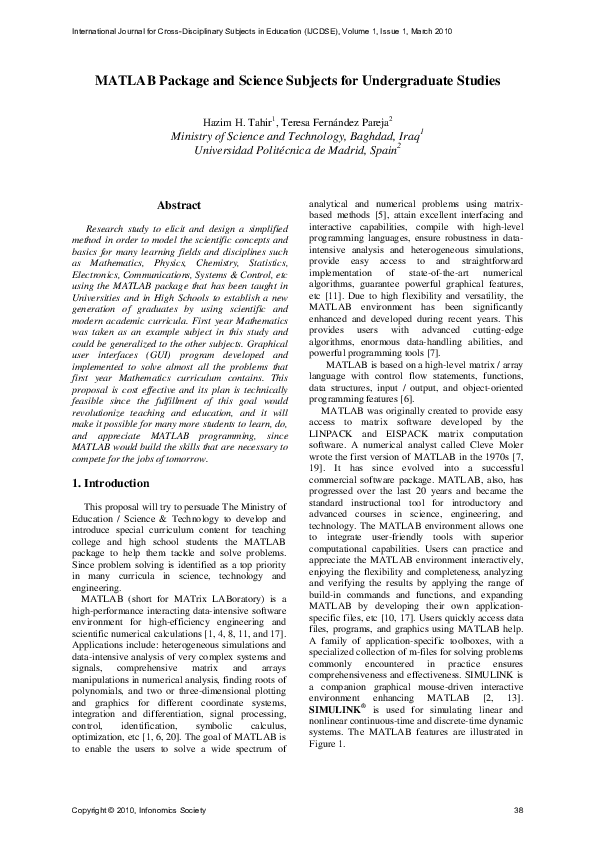 (PDF) MATLAB Package and Science Subjects for Undergraduate Studies