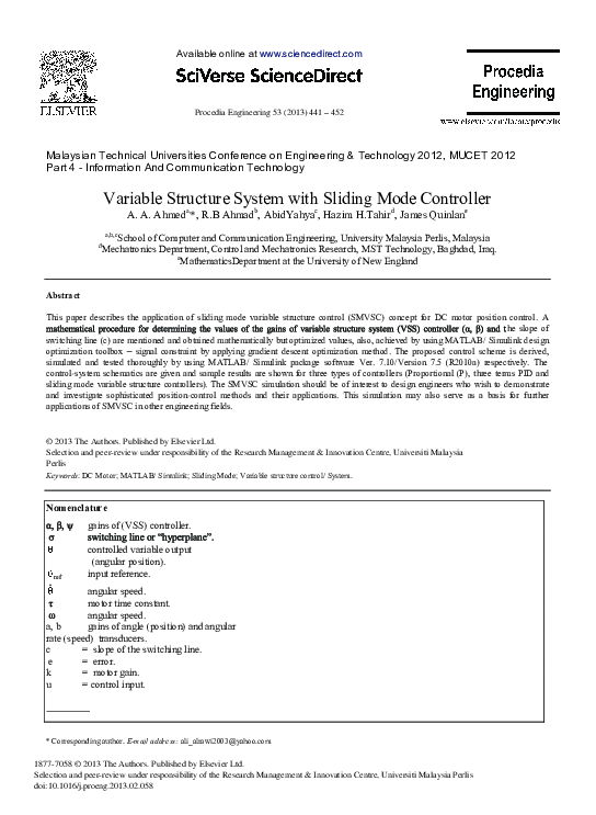 Pdf Variable Structure System With Sliding Mode Controller