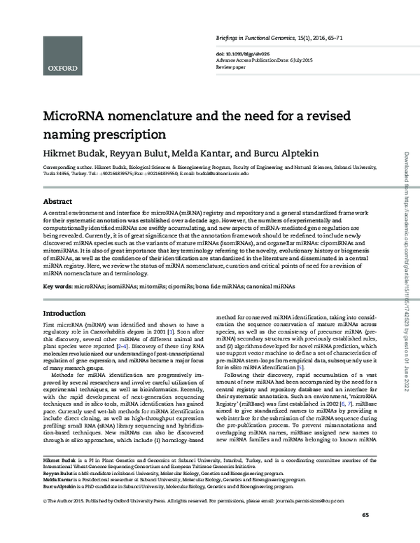 (PDF) MicroRNA nomenclature and the need for a revised naming prescription
