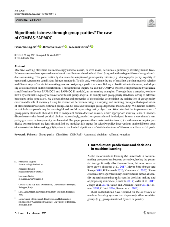 (PDF) Algorithmic fairness through group parities? The case of COMPAS ... (PDF) Algorithmic fairness through group parities? The case of COMPAS ...