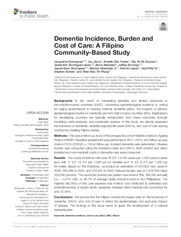 (PDF) Dementia Incidence, Burden and Cost of Care: A Filipino Community ...