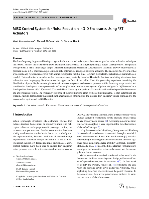 (PDF) MISO Control System for Noise Reduction in 3-D Enclosures Using ...