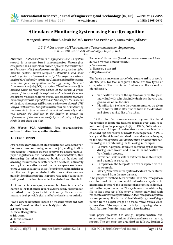 Pdf Attendance Monitoring System Using Face Recognition Tanveer Ikram