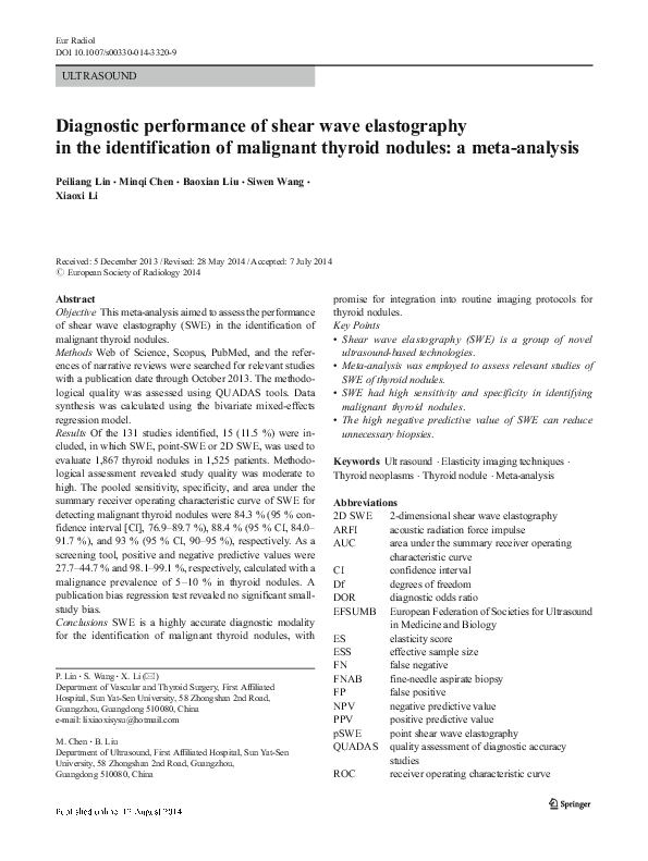 (PDF) Diagnostic performance of shear wave elastography in the identification of malignant ...