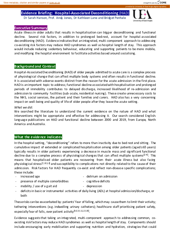 (PDF) Evidence Briefing: Hospital Associated Deconditioning