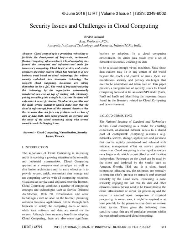 (PDF) Security Issues and Challenges in Cloud Computing