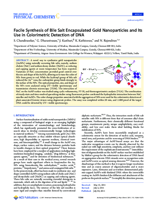 (PDF) Facile Synthesis of Bile Salt Encapsulated Gold Nanoparticles and Its Use in Colorimetric ...