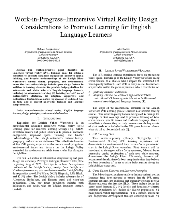 (PDF) Work-in-Progress—Immersive Virtual Reality Design Considerations to Promote Learning for ...