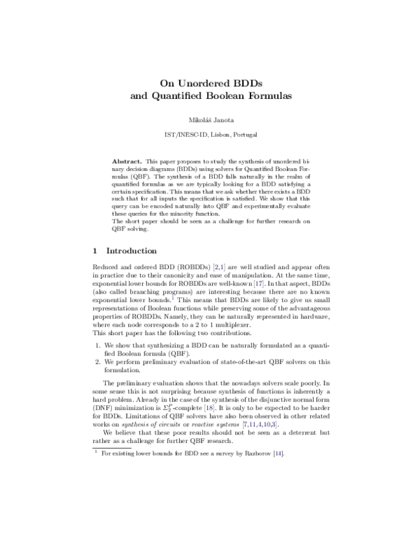 (PDF) On Unordered BDDs and Quantified Boolean Formulas