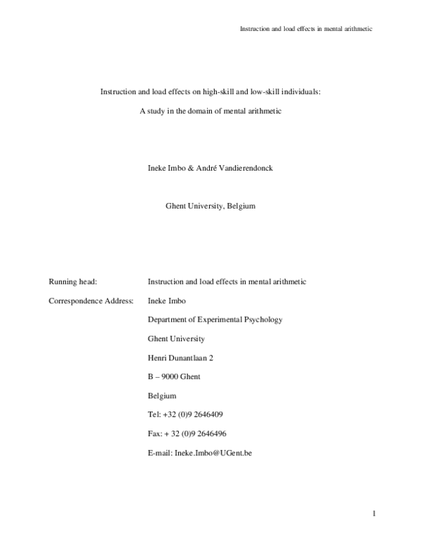 (PDF) Running head: Instruction and load effects in mental arithmetic