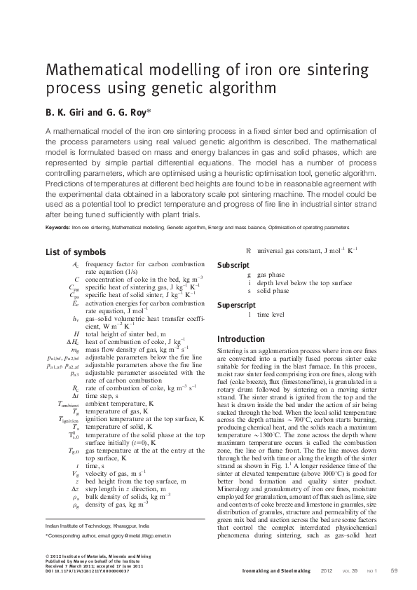 (PDF) Mathematical modelling of iron ore sintering process using ... (PDF) Mathematical modelling of iron ore sintering process using ...