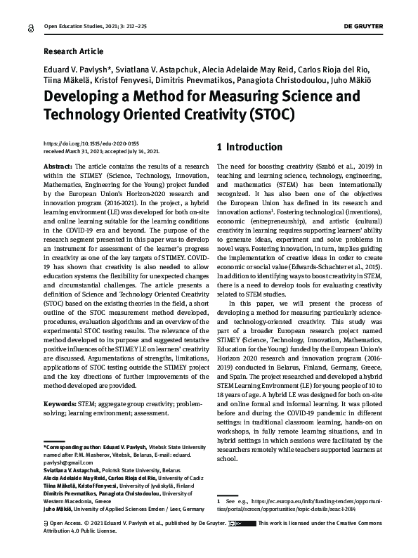 (PDF) Developing a Method for Measuring Science and Technology Oriented Creativity (STOC)