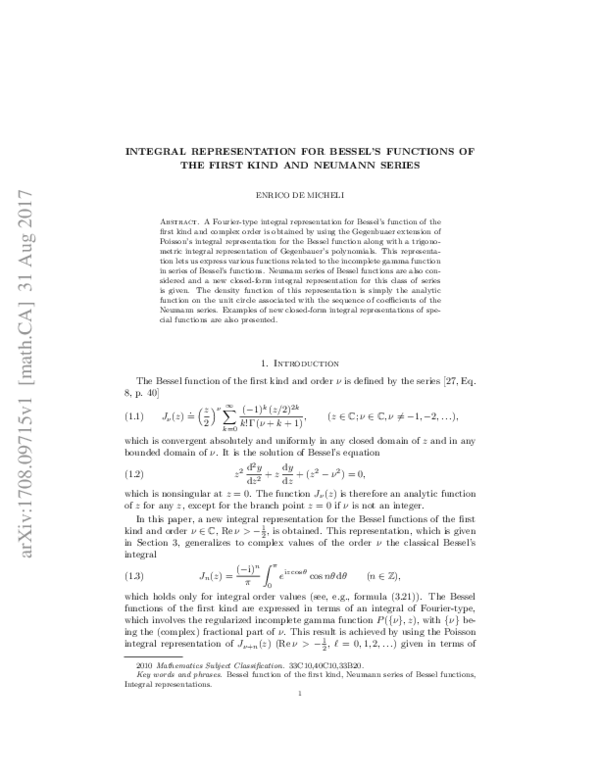 (PDF) Integral Representation for Bessel’s Functions of the First Kind ...