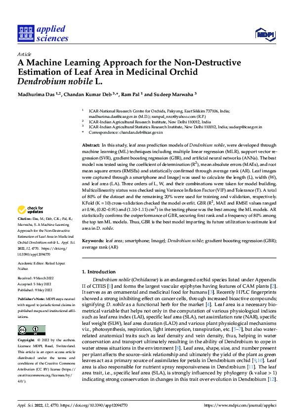 (PDF) A Machine Learning Approach for the Non-Destructive Estimation of Leaf Area in Medicinal ...