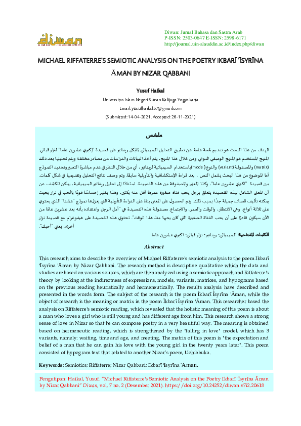 (PDF) Analisis Semiotika Michael Riffaterre pada Puisi Īkbarī ‘Īsyrīna ...