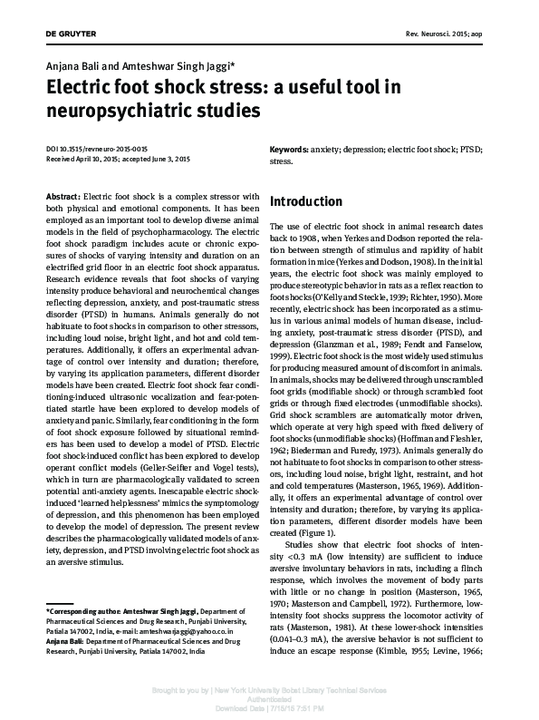 (PDF) Electric foot shock stress: a useful tool in neuropsychiatric studies