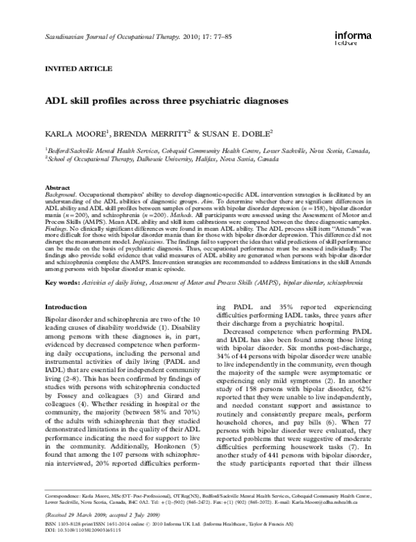 (PDF) ADL skill profiles across three psychiatric diagnoses