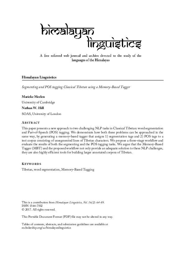 (PDF) Segmenting and POS tagging Classical Tibetan using a memory-based tagger