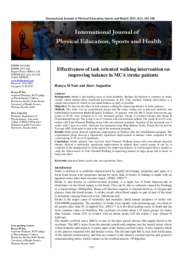 Pdf Effectiveness Of Task Oriented Walking Intervention On Improving