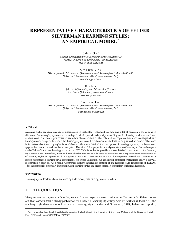 (PDF) Representative characteristics of Felder-Silverman learning ...