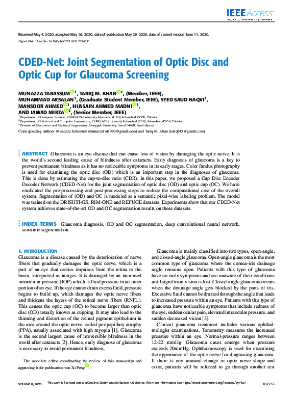 (PDF) CDED-Net: Joint Segmentation of Optic Disc and Optic Cup for Glaucoma Screening | Mansoor ...