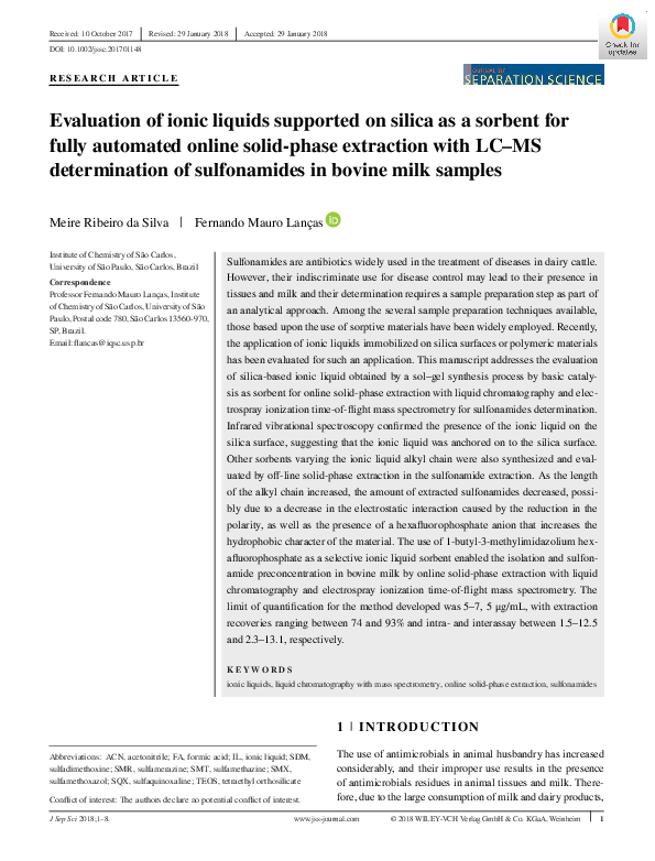 (PDF) Evaluation of ionic liquids supported on silica as a sorbent for fully automated on-line ...