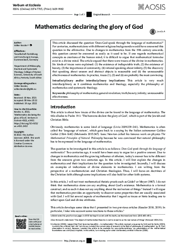 (PDF) Mathematics declaring the glory of God