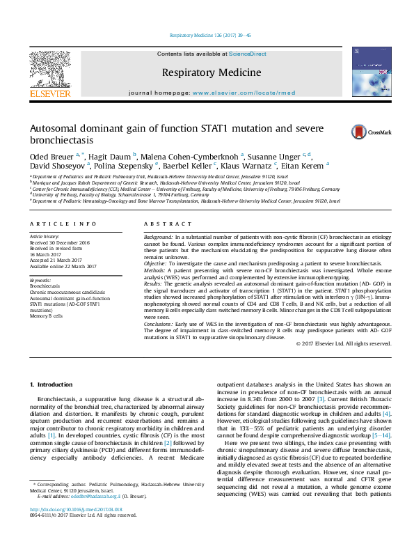 (PDF) Autosomal dominant gain of function STAT1 mutation and severe bronchiectasis