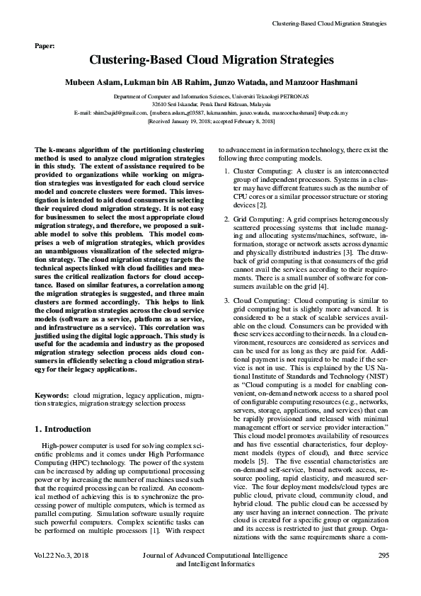 Pdf K Means For Cloud Migration Strategy Clusters