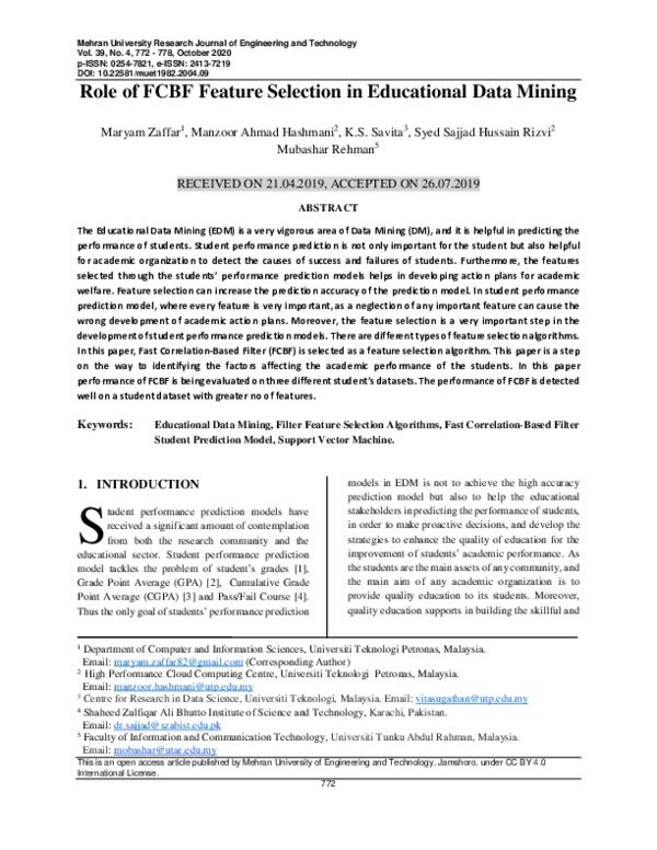 (PDF) Role of FCBF Feature Selection in Educational Data Mining