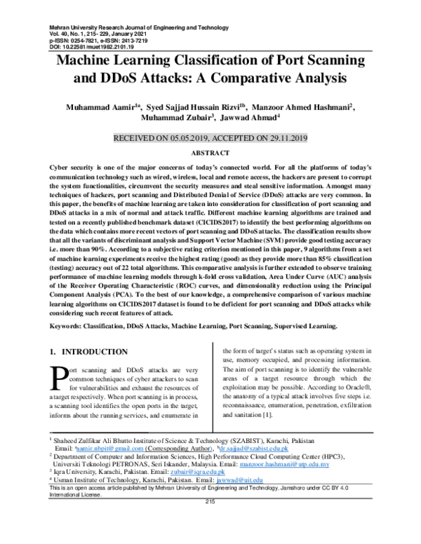 Pdf Machine Learning Classification Of Port Scanning And Ddos Attacks
