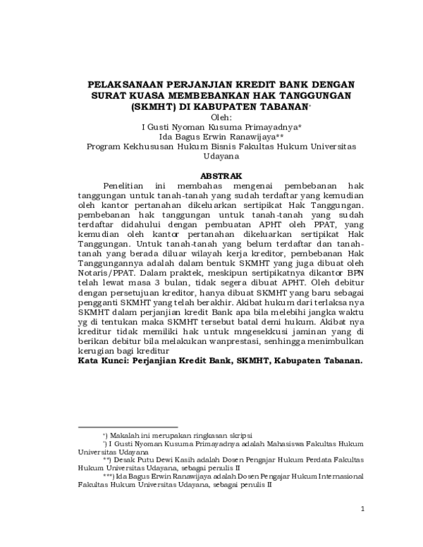 (PDF) Pelaksanaan Perjanjian Kredit Bank Dengan Surat Kuasa Membebankan ...