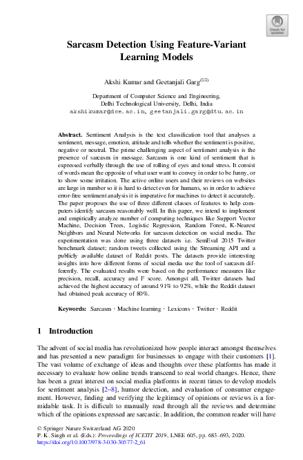 Pdf Sarcasm Detection Using Feature Variant Learning Models Geetanjali Garg
