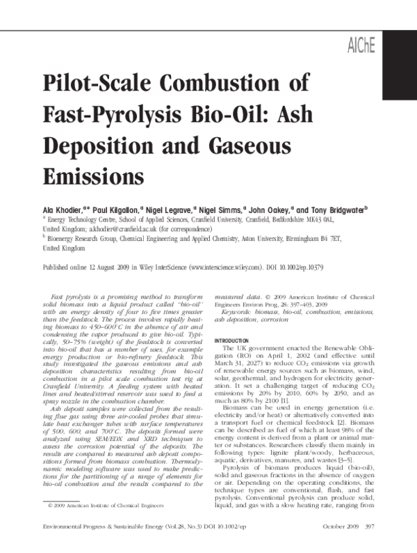 (PDF) Pilot-scale combustion of fast-pyrolysis bio-oil: Ash deposition ...