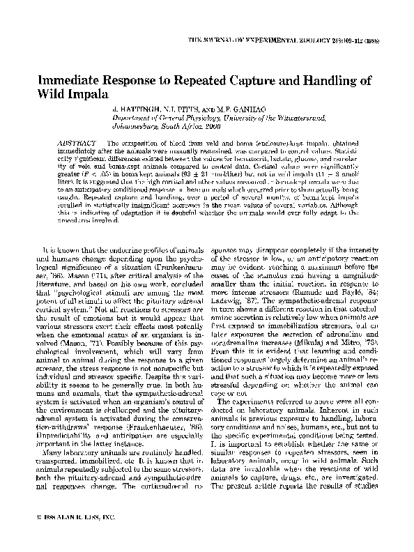 (PDF) Immediate response to repeated capture and handling of wild impala