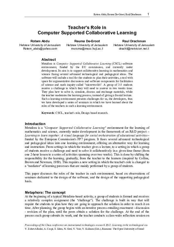 (PDF) Teacher's Role in Computer Supported Collaborative Learning