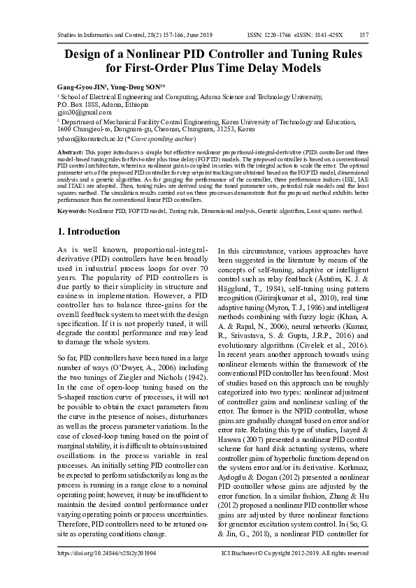 Pdf Design Of A Nonlinear Pid Controller And Tuning Rules For First
