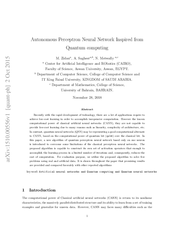 (PDF) Autonomous Perceptron Neural Network Inspired from Quantum computing
