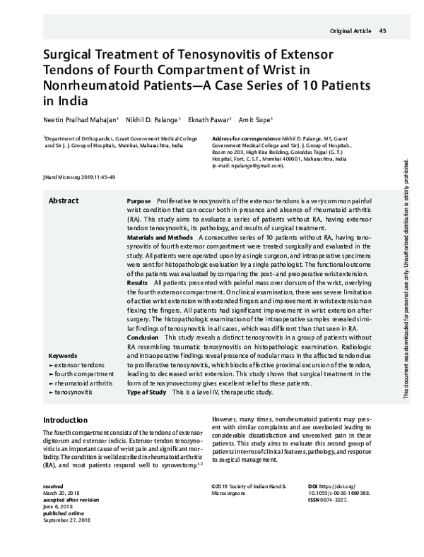 (PDF) Surgical Treatment of Tenosynovitis of Extensor Tendons of Fourth ...