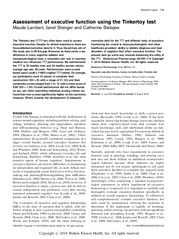 (PDF) Assessment of executive function using the Tinkertoy test