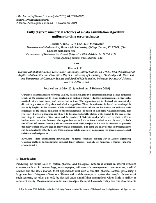 Pdf Fully Discrete Numerical Schemes Of A Data Assimilation Algorithm 6566