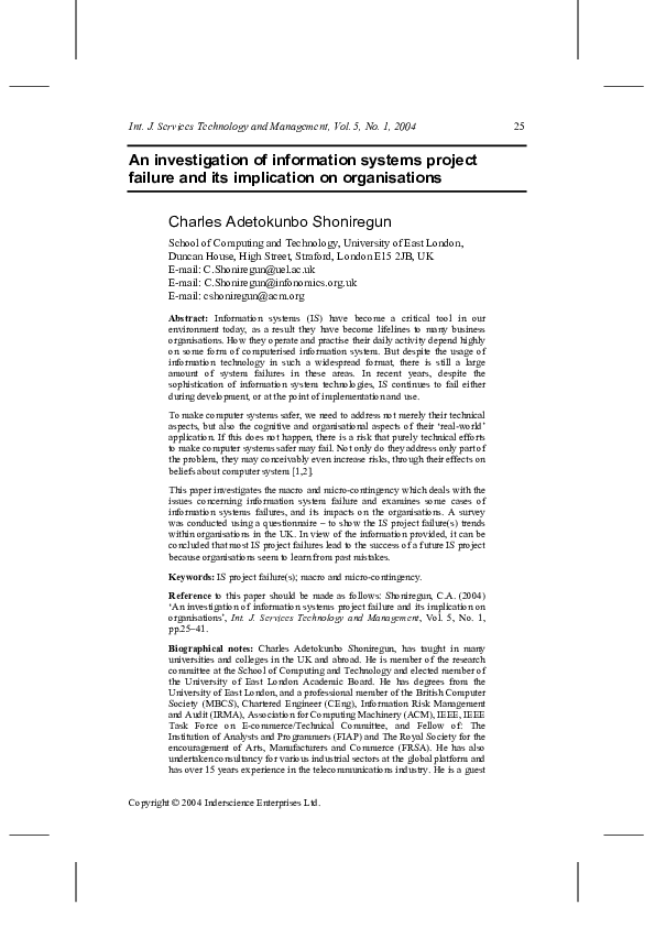 (PDF) An investigation of information systems project failure and its implication on organisations