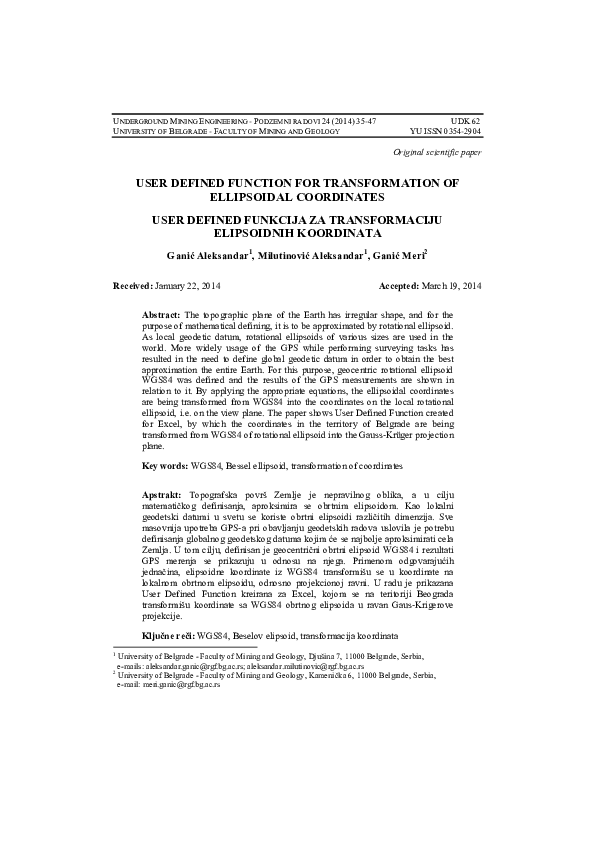 Pdf User Defined Function For Transformation Of Ellipsoidal Coordinates
