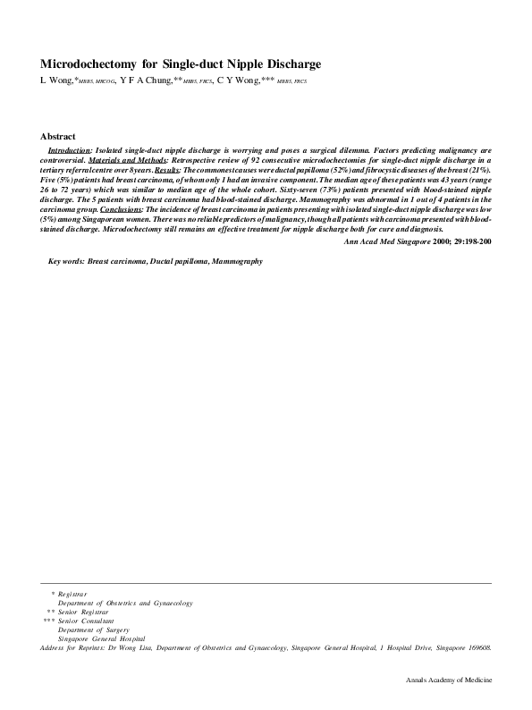 (PDF) Microdochectomy for single-duct nipple discharge